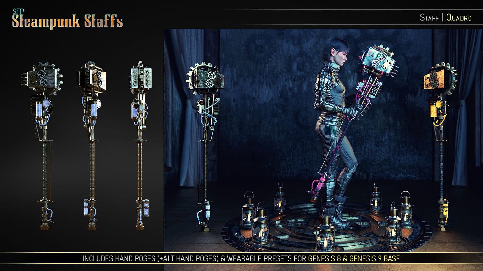 Steampunk Magic Staffs for Daz3D
